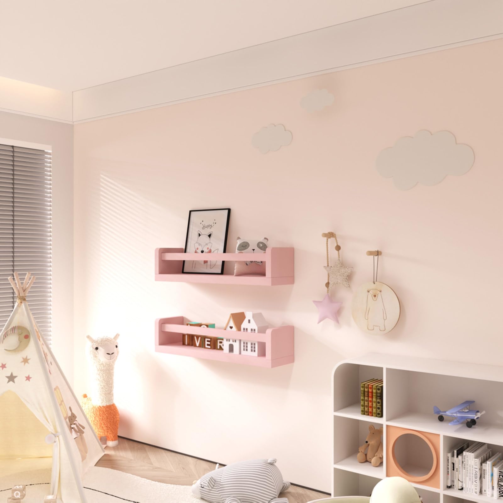 SAUMONIERES Nursery Book Shelves Solid Wood Floating Bookshelves for Wall Mounted Bookshelf for Kids Room, Pink, Set of 2