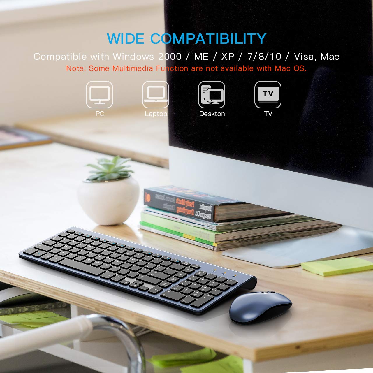 Wireless Keyboard and Mouse Combo, Energy Saving, Silent Slim Quick 2.4GHz Cordless USB Keyboard Mouse Set with Number Pad Independent On/Off Switch for PC Laptop Windows Mac (Black and Blue)