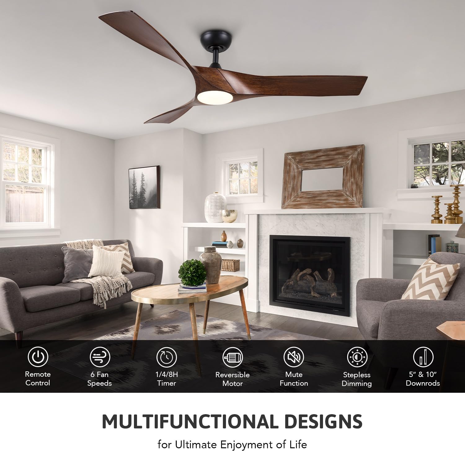 VONLUCE 52" Industrial Ceiling Fan No Light with Remote Control, Mid Century Ceiling Fans with 3 Walnut ABS Blades DC Motor, Indoor Ceiling Fan for Kitchen Bedroom Living Room, Walnut