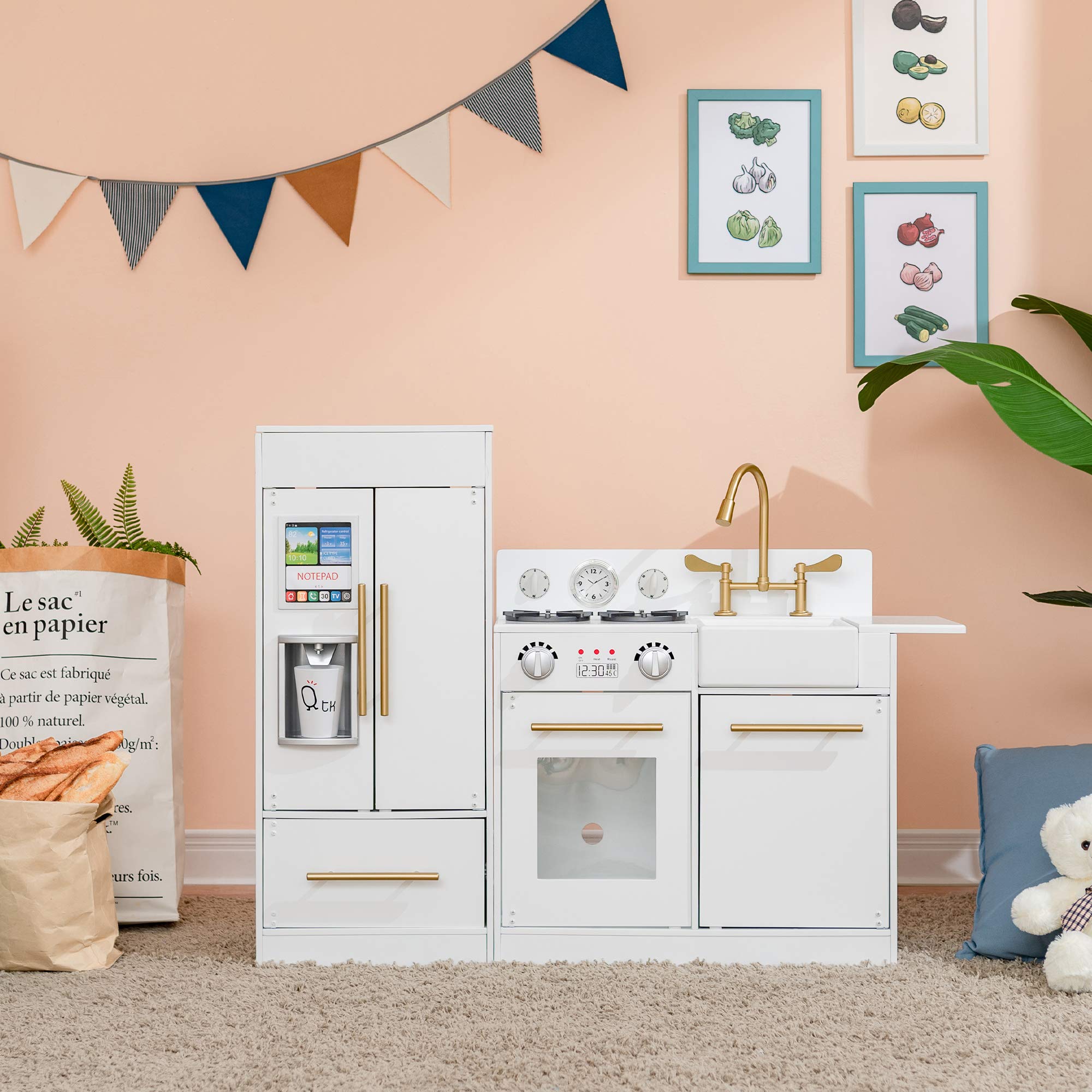 Teamson Kids Little Chef Charlotte Modern Modular Interactive Wooden Play Kitchen with Refrigerator, Stove and Sink in White with Gold Finishes