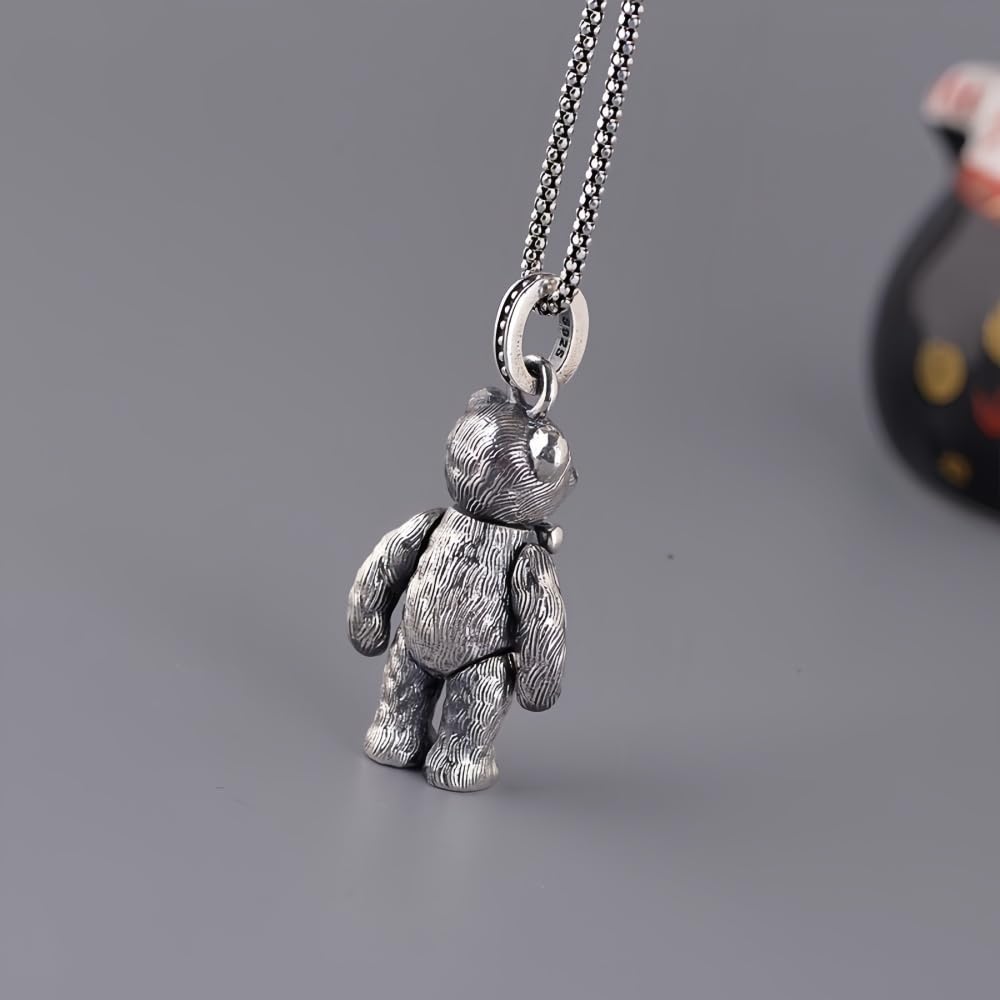 Vintage Black 925 Sterling Silver Articulated Teddy Bear Pendant for Men Women