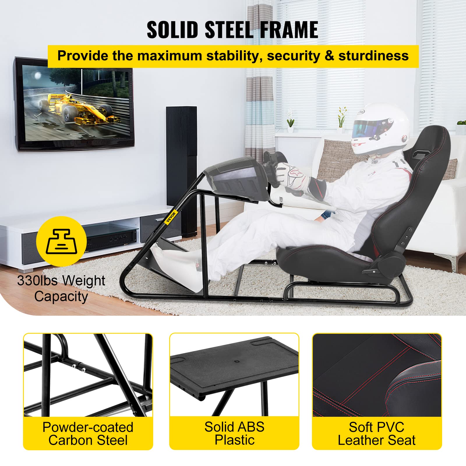 VEVOR Racing Wheel Stand, Pedal and Seat Adjustable Racing Simulator Cockpit, Carbon Steel Gaming Wheel Stand, Game Chair Highly Compatible with Logitech Wheels, Thrustmaster Wheels, PS3/4, Xbox 360