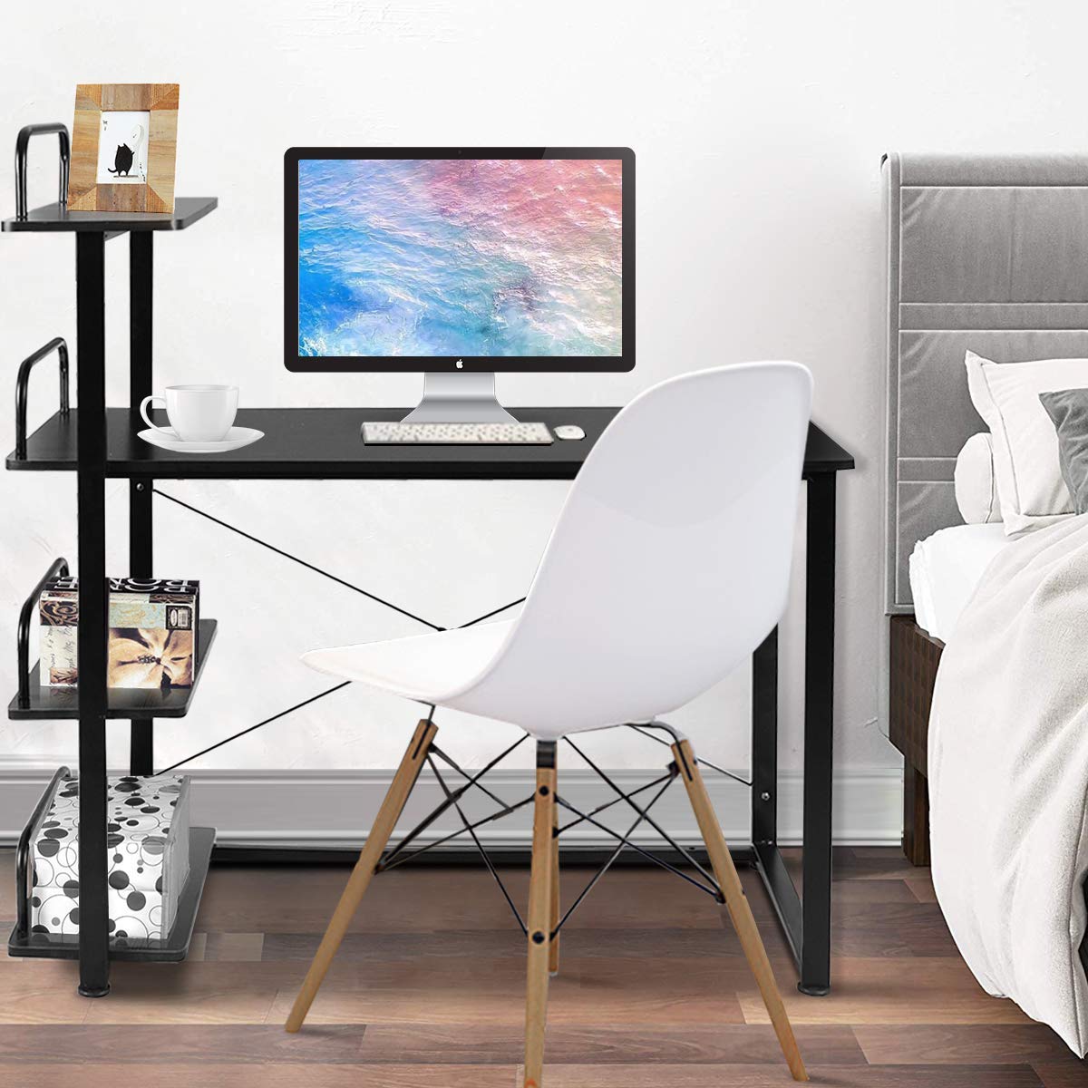 Tangkula Computer Desk with 4 Tier Shelves, Home Office Desk, Study Writing Desk, Space Saving Computer Workstation, Gaming Desk (Black)