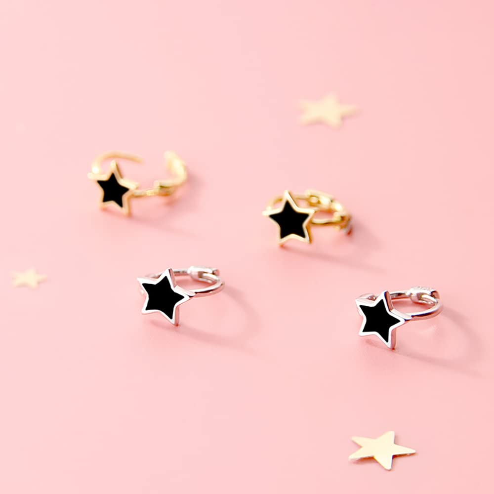 Reffeer Solid 925 Sterling Silver Black Star Huggie Earrings Hoops for Women Small Star Hoop Earrings Cartilage Helix Earrings (B-18K Gold)