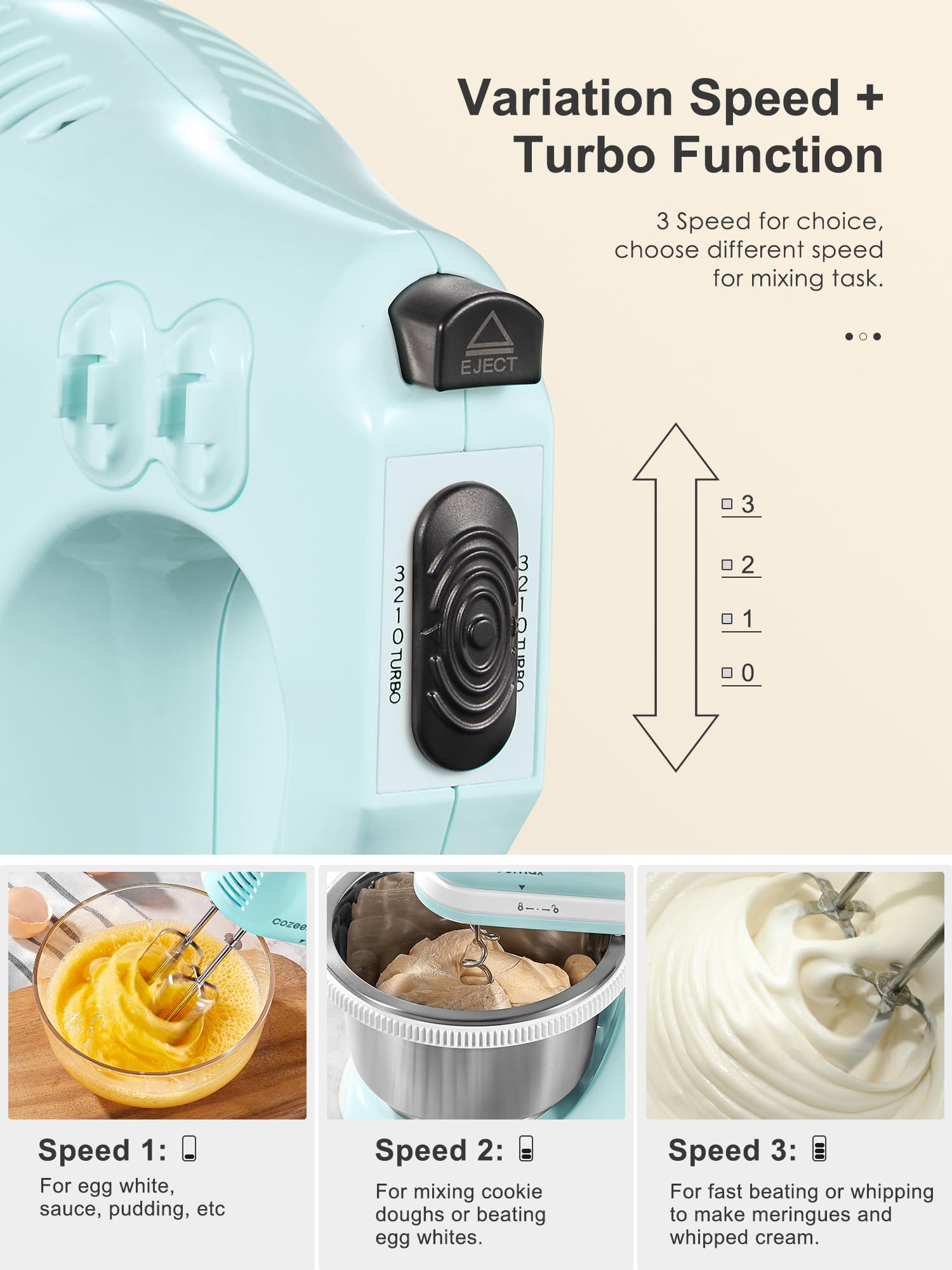 Stand Mixer, Cozeemax 8 Speeds Electric Dough Mixer with 5Qaurt Stainless Steel Bowl and Splash Guard, Kitchen Mixer - Includes Beater, Dough Hook & Whisk