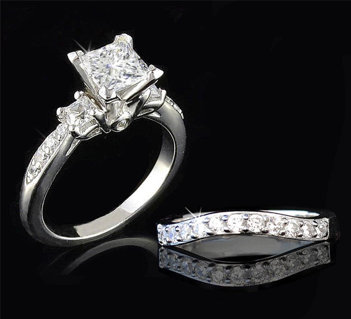 Venetia Top Grade Realistic Princess Cut Simulated Diamond 3-Stones Ring Curved Band 2 Pcs Set Platinum Plated 925 Silver Cubic Zirconia cz (7)
