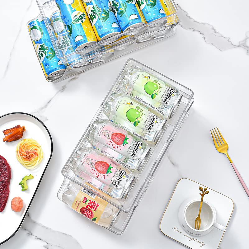 Soda Can Organizer for Refrigerator, 2-Layers Automatic Rolling Beverage Drink Can Storage Organizer, Clear Foldable Beer Pop Can Organizer Dispenser Holder with a Silicone Shower Drink Holder