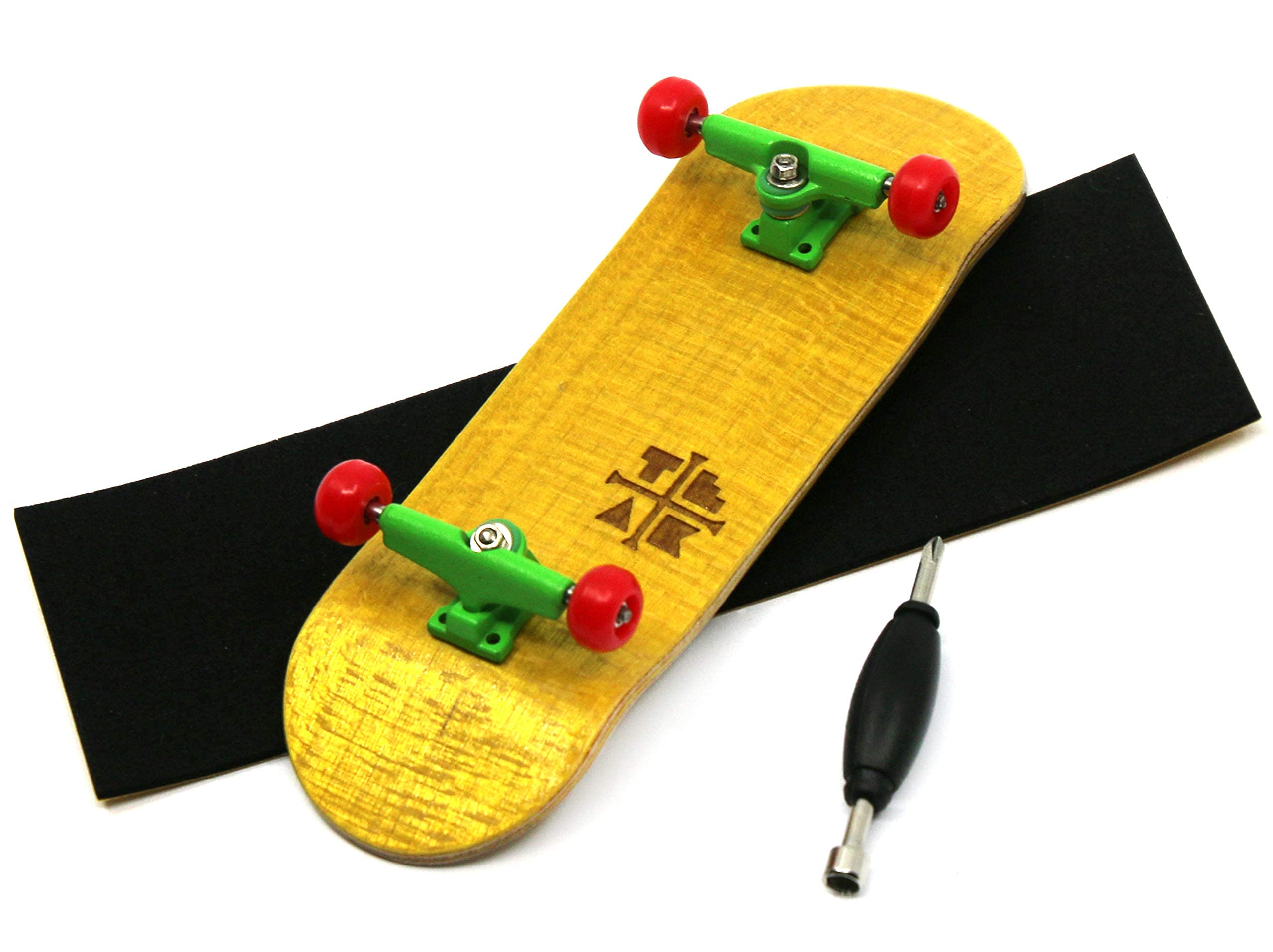 Teak Tuning Prolific Complete Fingerboard - Pro Board Shape and Size, Bearing Wheels, and Trucks - 32mm x 97mm Handmade Wooden Board - Rad Rasta Edition