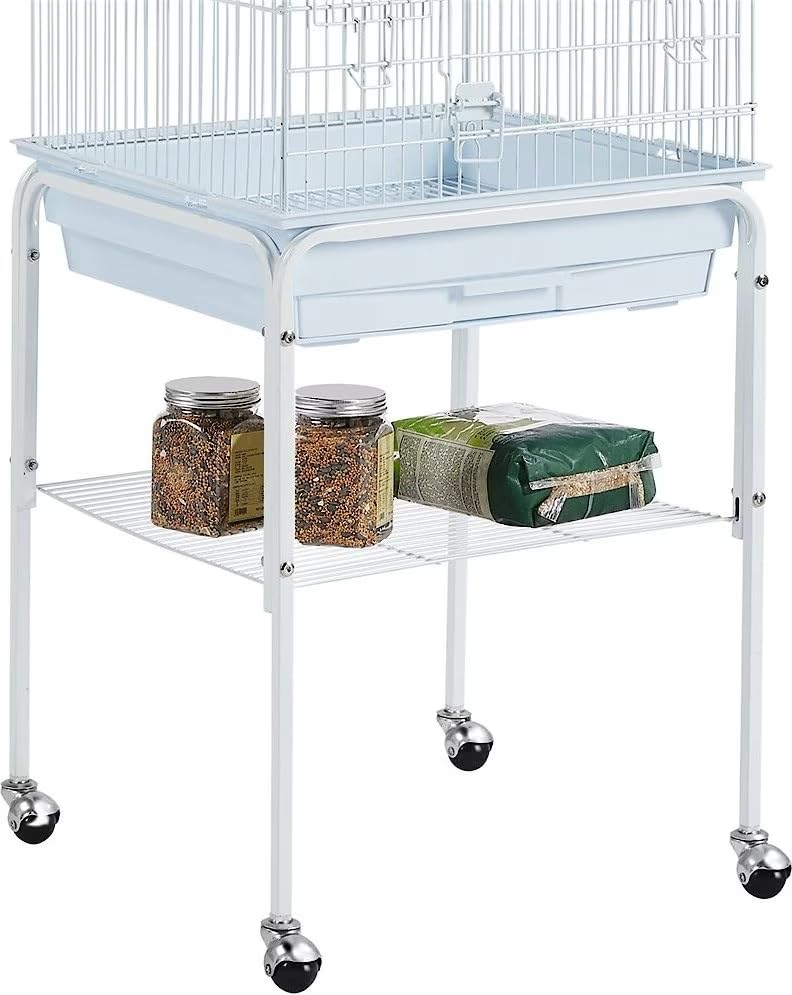 TENAS Deluxe Spacious Bird Cage - Interactive Play Top - Wire Construction - Rust Resistant Paint Coating - Wooden Perch - Convenient Small Feeder Door - Removable Rolling Bracket Metal (White)