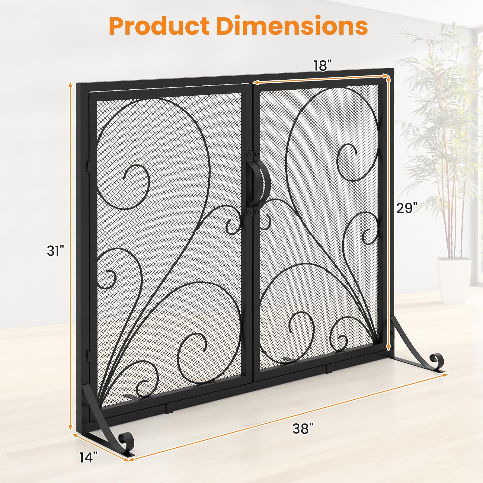 Tangkula Fireplace Screen, Firelpace Gate with Hinged Two-Doors, Wrought Iron Mesh, Steel Crest Fireplace Screen with Wrought Iron, Baby Safe Spark Guard Protector