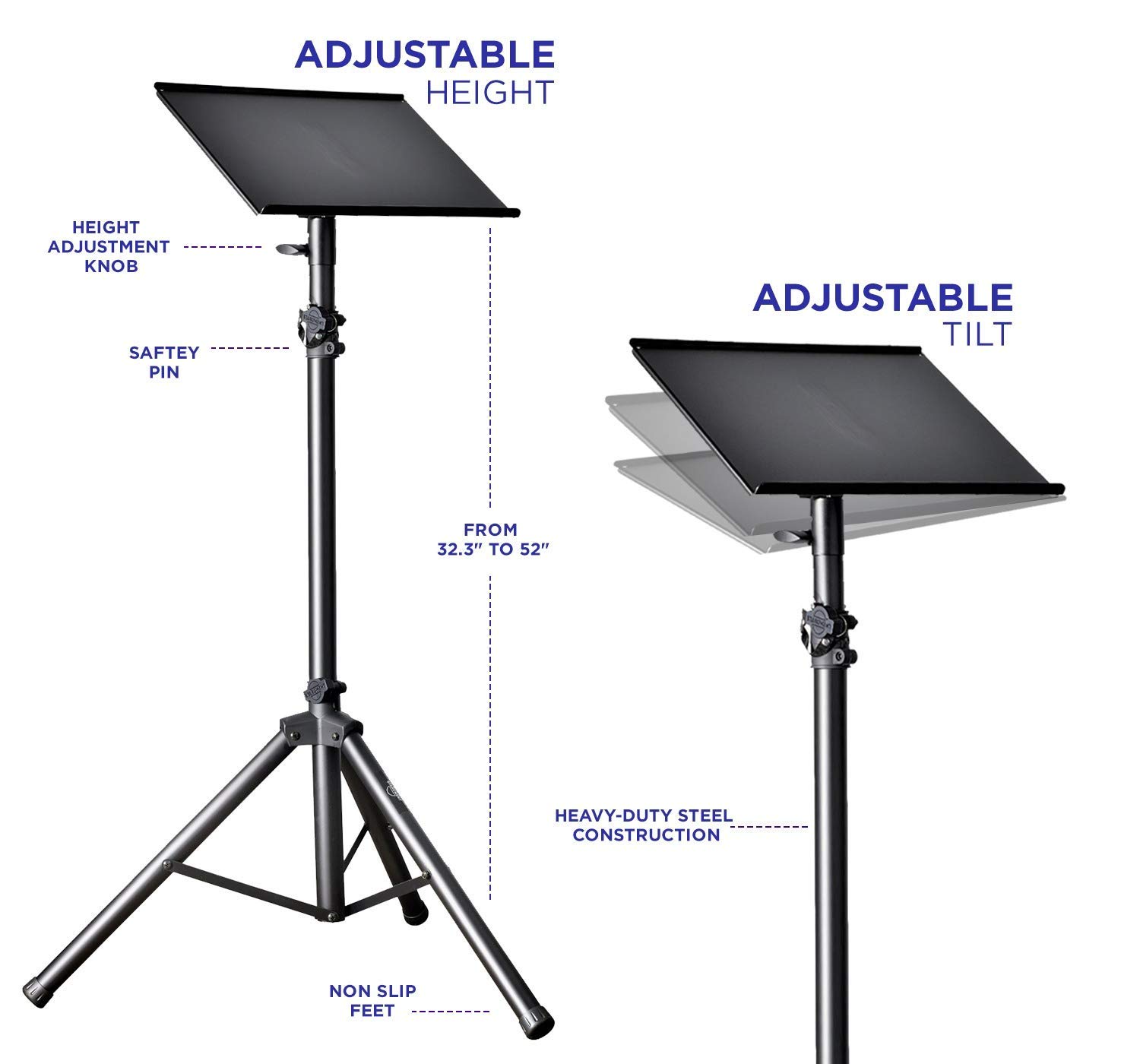 STARUMENT Projector Stand Tripod, Laptop Tripod Stand Adjustable Height 32.3” – 52” | Lightweight & Portable 15.3” x 12.2” Tilted Portable Laptop Stand | Raised Edges for Protection