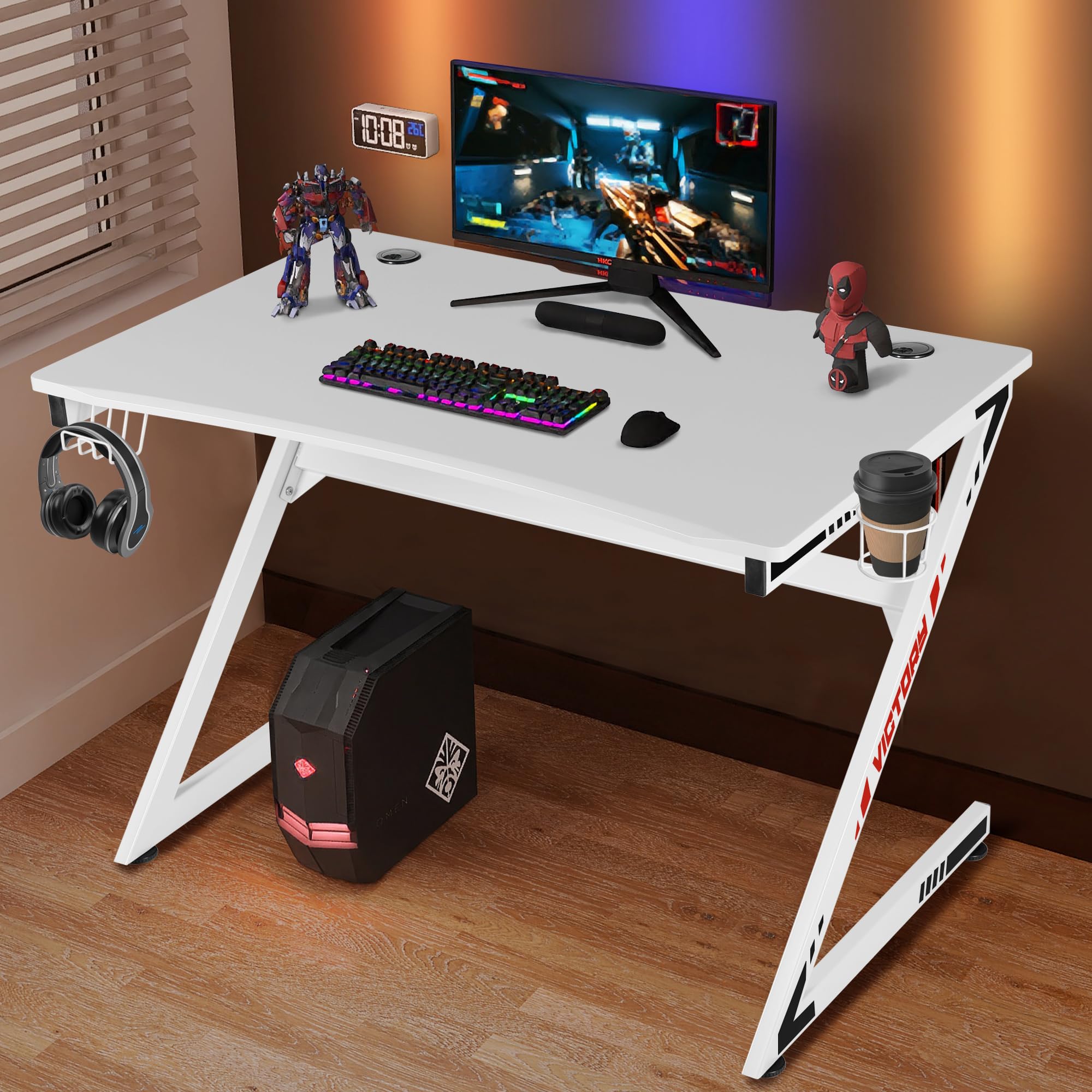 VAMEPOLE Gaming Desk, 42" Small Computer Desk with Cup Holder & Headphone Hook for Small Spaces, Home Office Desks, Small Computer Table PC Carbon Fiber Table Gamer Workstation (White)
