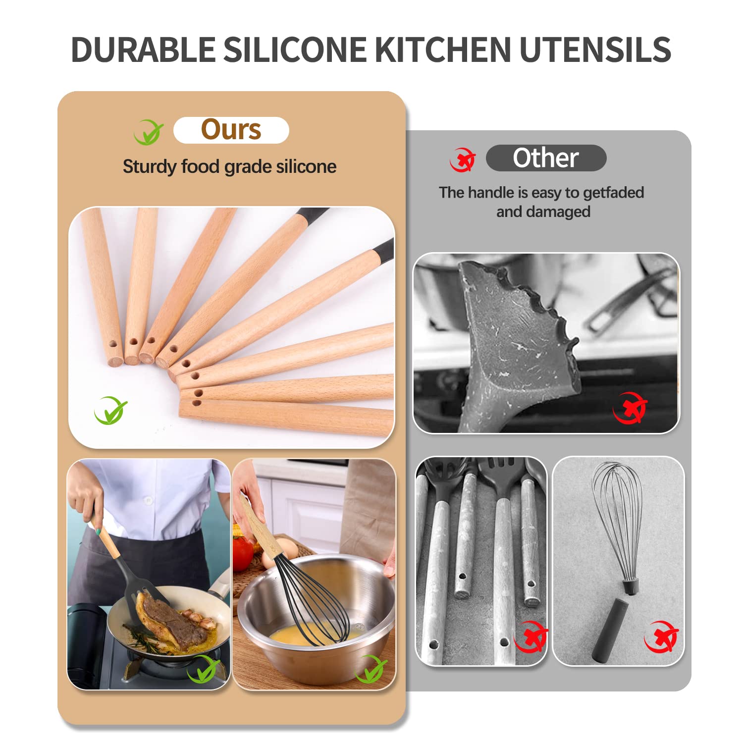 Silicone Kitchen Cooking Utensils Set - 33pcs Heat Resistant Kitchen Utensils Spatula Serving Spoons Set with Wooden Handle, Kitchen Essentials Gadgets w Holder for Nonstick Cookware Dishwasher Safe