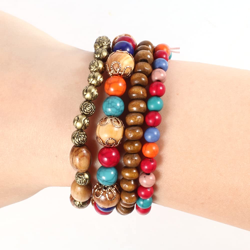 Twinfree Bohemian Stackable Bracelets Set for Women Boho Stretch Multilayer Colorful Stack Beads Bracelet 4 Pack