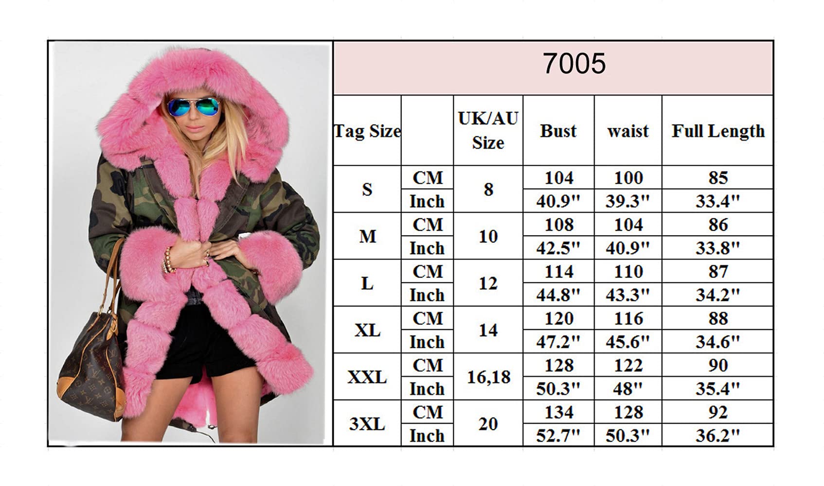 Roiii Womens Hooded Camouflage Warm Winter Coats Faux Fur Jacket Parka Overcoat(Medium,Pink)