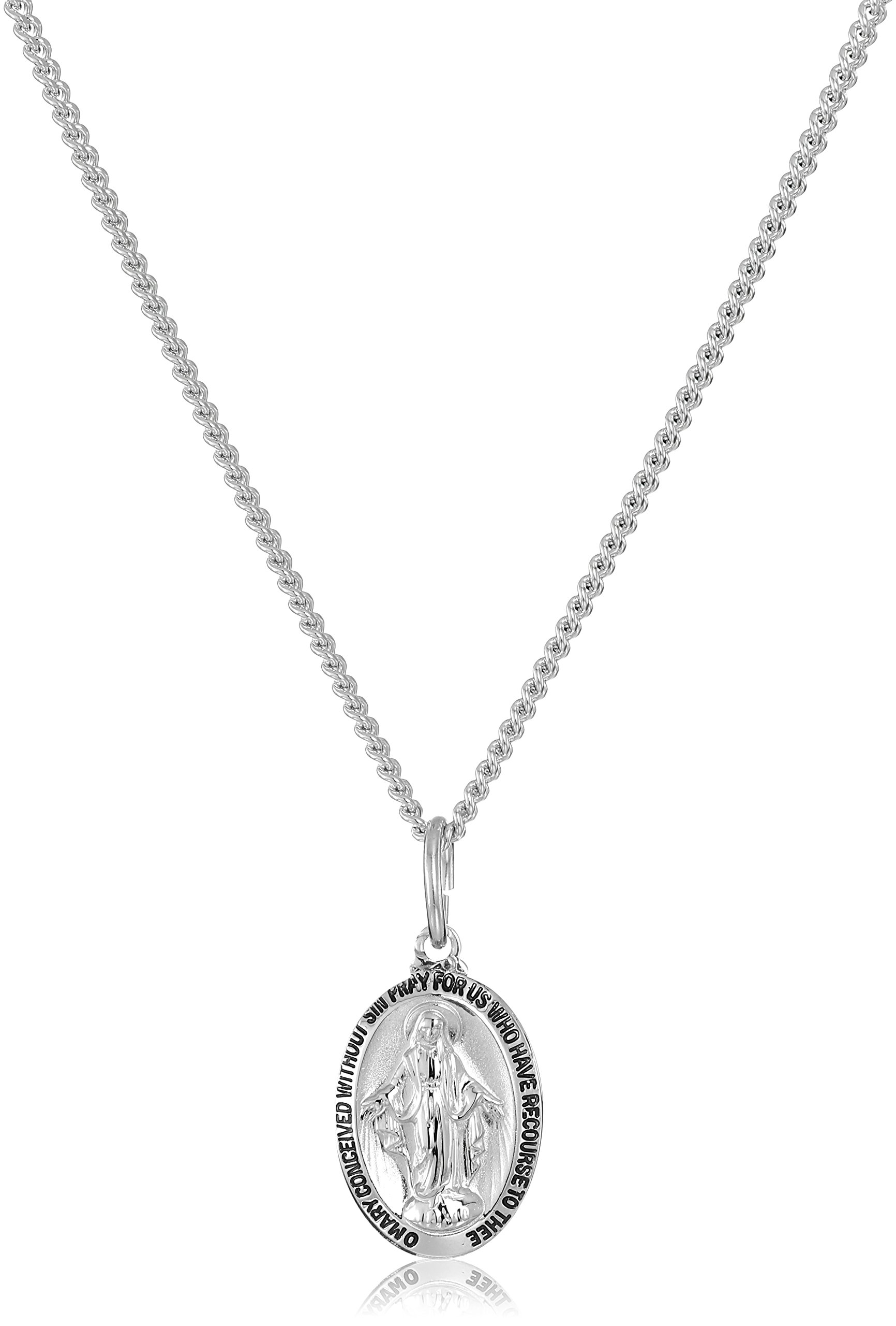 Sterling Silver Miraculous Medal with Stainless Steel Chain Pendant Necklace, 18"
