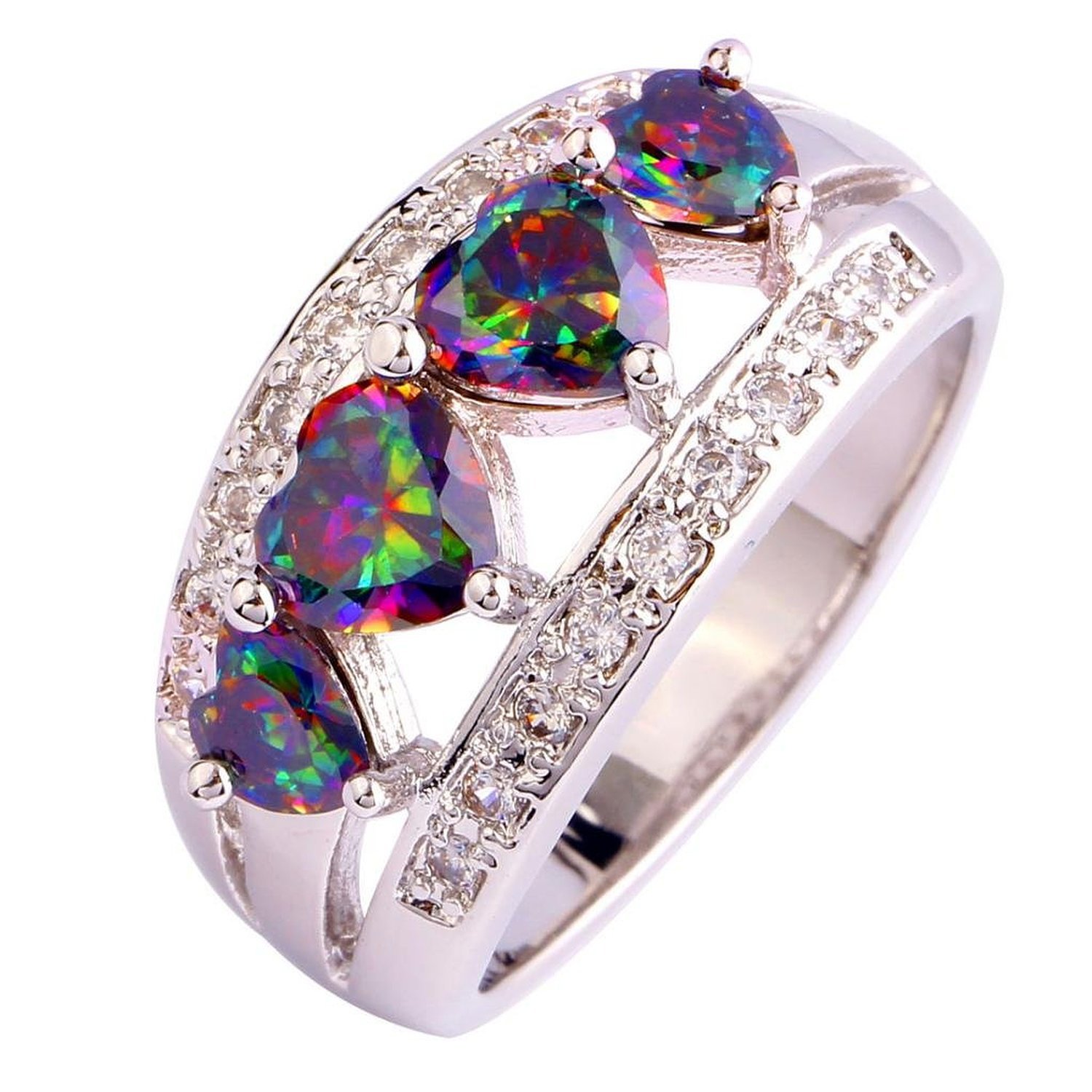 Veunora 925 Sterling Silver Created Rainbow Topaz Filled Heart Ring Band for Women Size 8