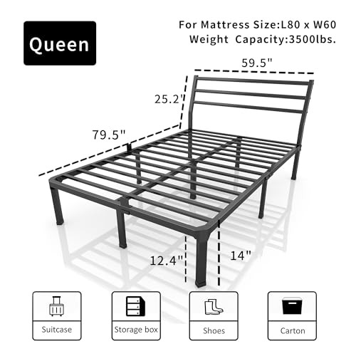 ROIL Queen Size Metal Bed Frame with Headboard, 14inch Black Heavy Duty Platform with Steel Slats Support and Mattress Stoppers, 3500LBS No Box Spring Needed, Easy Assembly Noise-Free