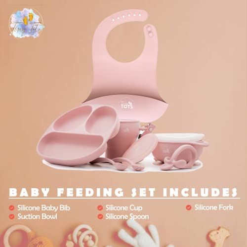Tiny Tots - Baby Led Weaning Supplies - Feeding Essentials - Baby suction paltes & supplies: Bib, Suction Bowl & Suction Plate, Collapsible Cup, and Utensils - Easy to use feeding set (Pink)