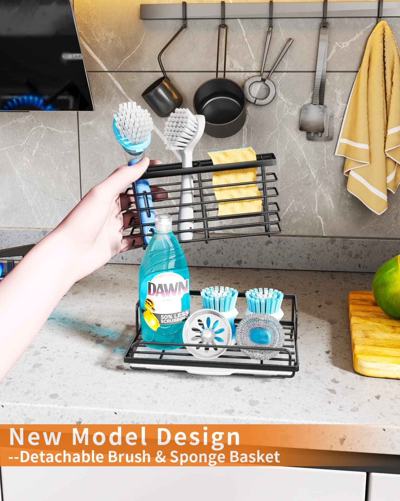 SWTYMIKI Sink Caddy Kitchen Sink Organizer, Large Capacity Sink Sponge Caddy with Pull-Out Drainage Tray Rustproof Kitchen Sponge Holder with Detachable Basket for Sponge and Brush, Black