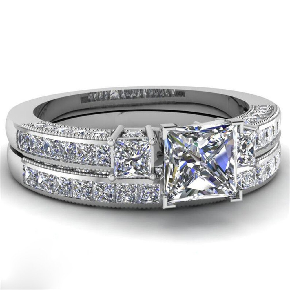 Two Rings His Hers Wedding Ring Sets Couples Matching Rings Women's 2pc White Gold Filled Square CZ Wedding Engagement Ring Bridal Sets & Men's Titanium Wedding Band