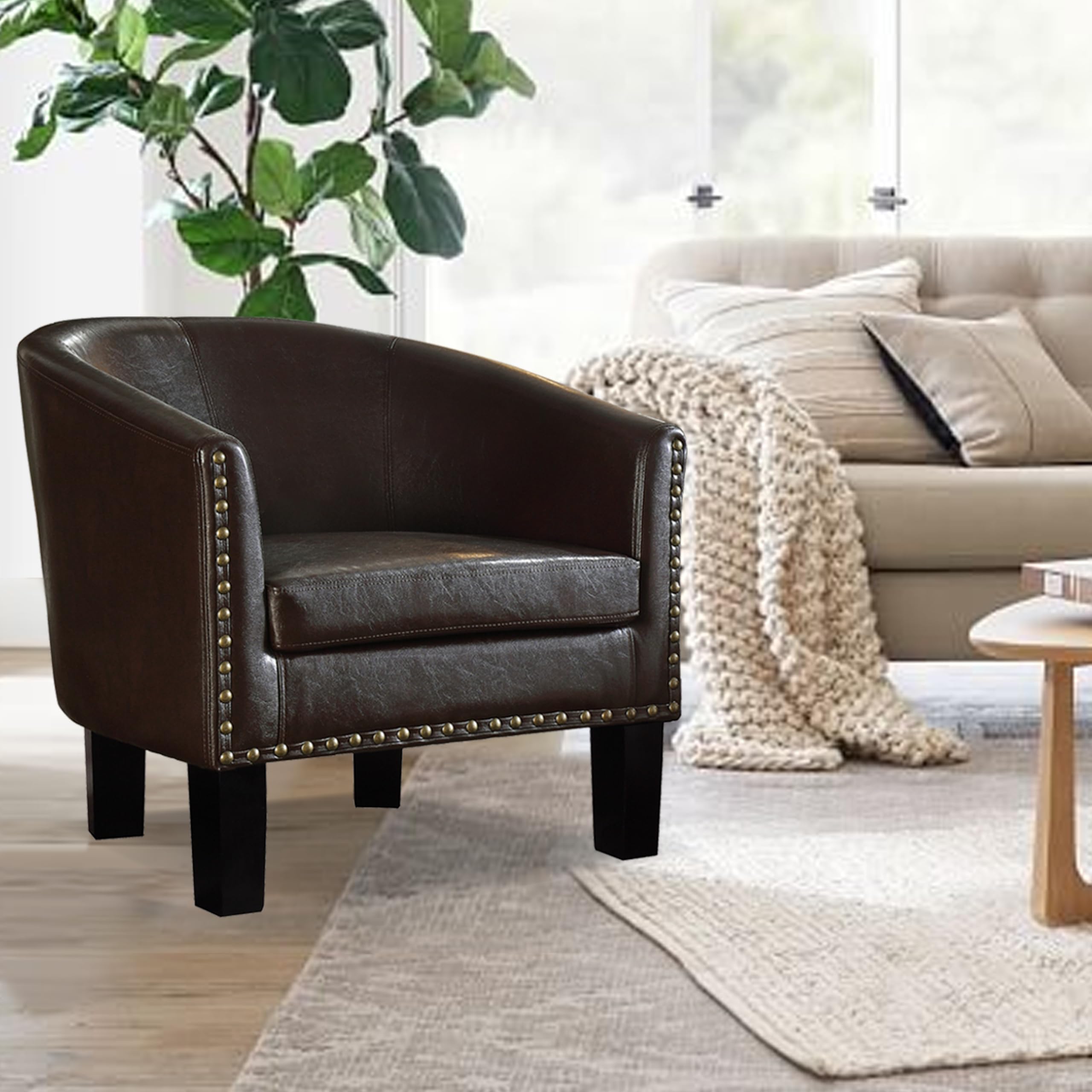 Rosevera Kirkham, Nailhead, Bedroom Accent, Sturdy Reading, Faux Arm, 27" Barrel, Leather Club, Side Chairs for Living Room, Standard, Espresso
