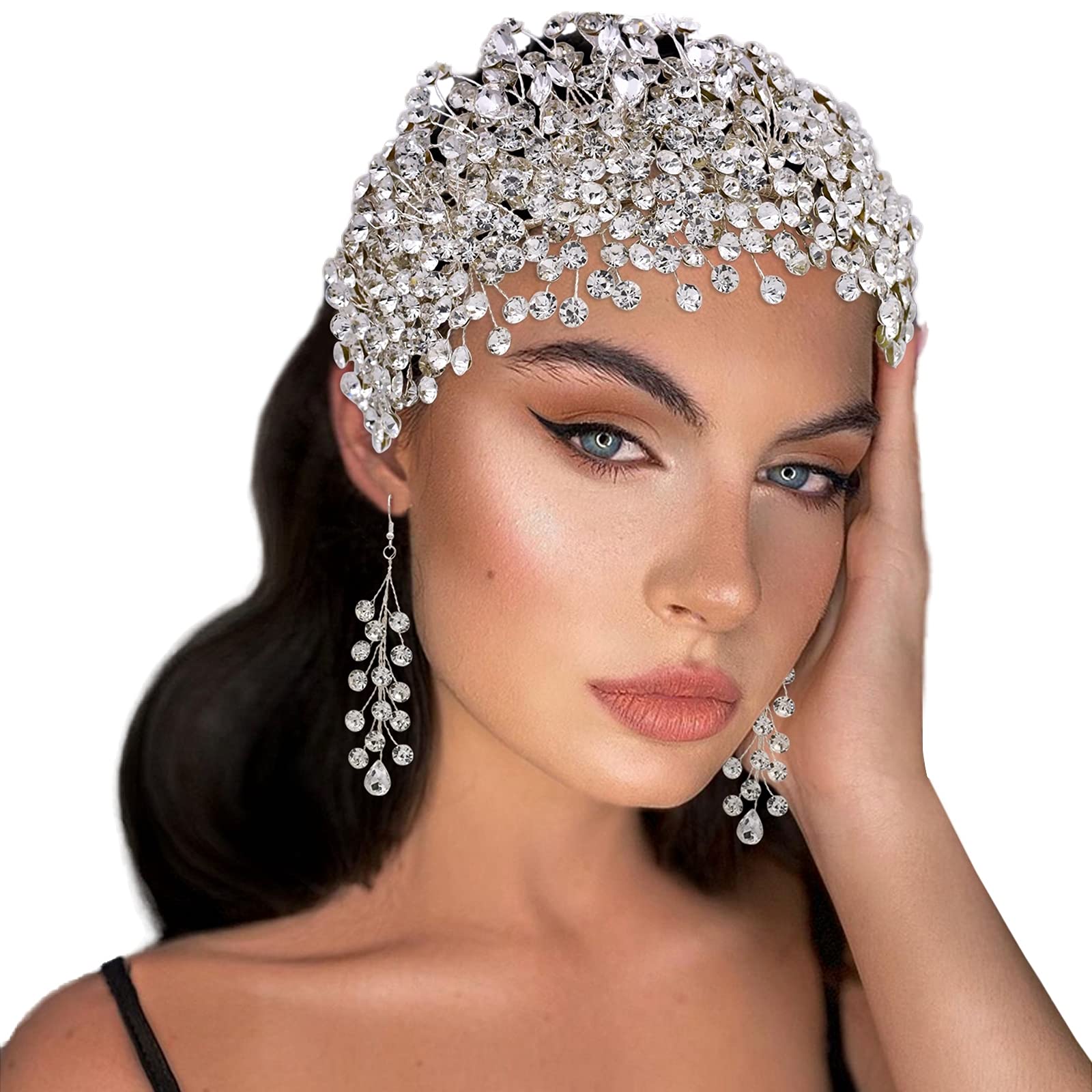 ULAPAN HP376 Silver Rhinestone Wedding Headpiece for Women Handmade Bridal Headband Hair Accessories (Headwear + earrings set)