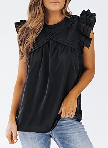 SHEWIN Womens Tank Tops Summer Ruffle Sleeveless Cute Shirts 2023 Trendy Casual Work Shirts,US 4-6(S),Black