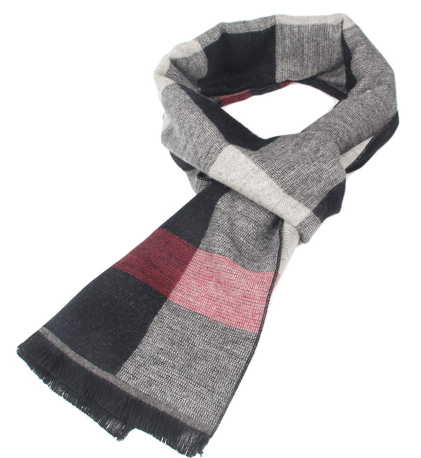 VEXTROFORT Men's Winter Scarf, Soft Long Cashmere Feel Scarves for Men with Fringes Tartan - Grey Black Red Plaid