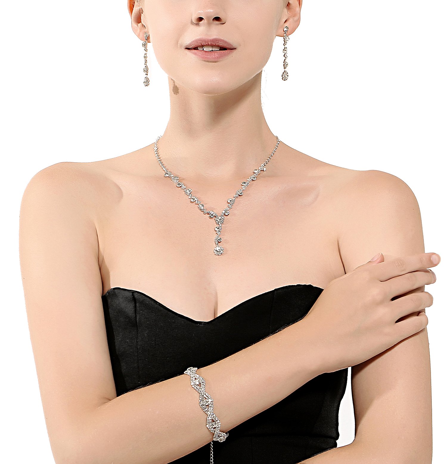 Udalyn Rhinestone Bridesmaid Jewelry Sets for Women Necklace and Earring set for Wedding with Crystal Bracelet