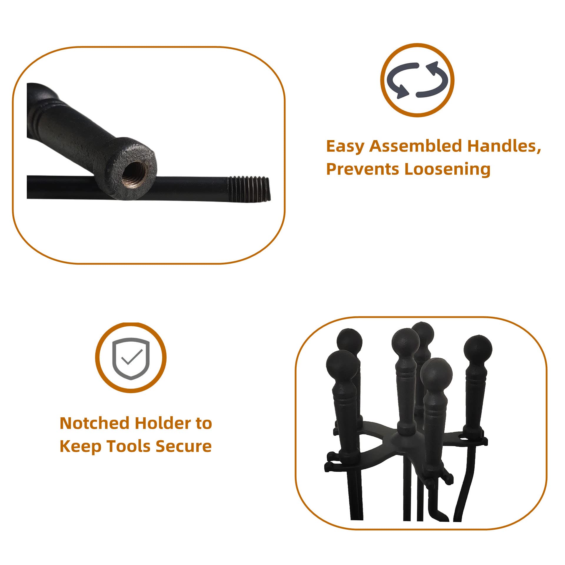 VODA Fireplace Tools Set 5 Pieces 31.5In Cast Iron Indoor Fireside Accessories Large Fire Place Tool Set Outdoor Holder Fire Kit Stand Wood Stove Log Shovel Brush Tong and Fireplace Poker