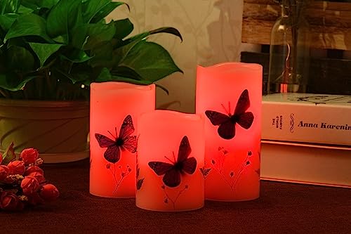 UNIVELA Candles Set of 3 Flameless 4" 5" 6" Unscented Tealight Butterfly Flower Plants Decor Real Wax Pillar Candle LED Lights 12 Color Changing 4H 8H Timer Remote Control AAA Batteries Operated