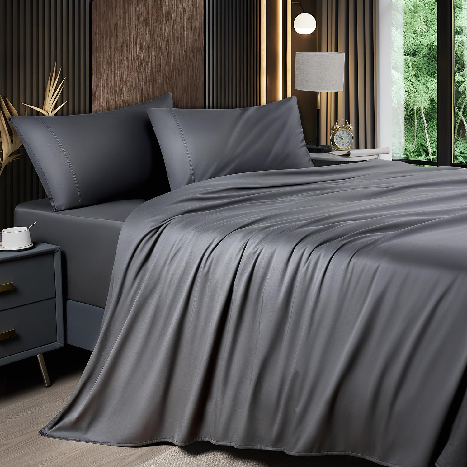 Shilucheng 4-Piece Full Size Sheets SetďźRayon Derived from Bamboo_ďźCooling & Breathable Bed Sheets, Silky Bedding Sheets & Pillowcases, 16 Inch Deep Pockets (Full,Dark Grey)