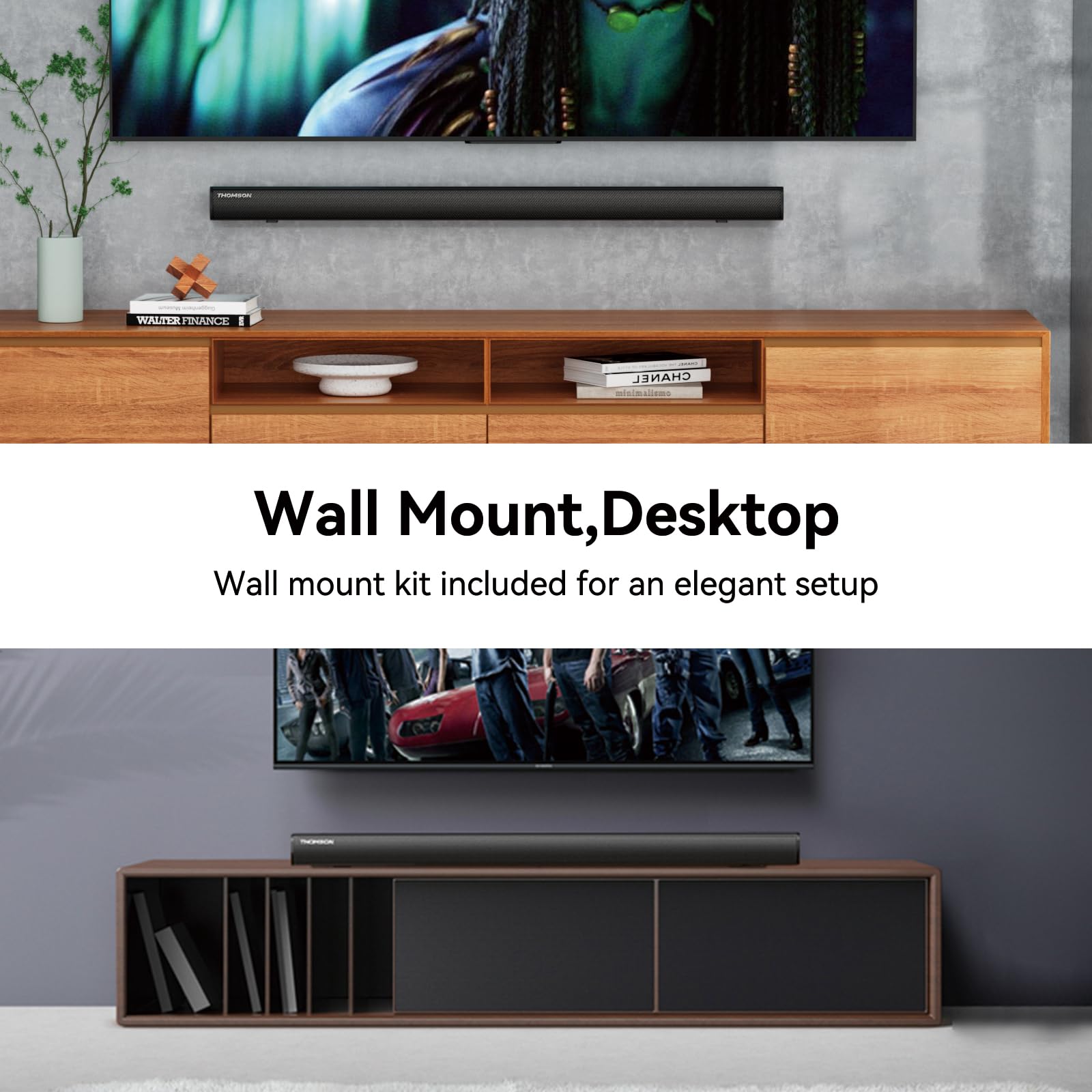 Thomson Sound Bars for TV, HiFi TV Speakers Home Theater Soundbar with 2 Wireless Microphones, Surround Stereo Sound System with HDMI ARC/Optical/AUX/USB, Wall Mountable, Remote Control Included