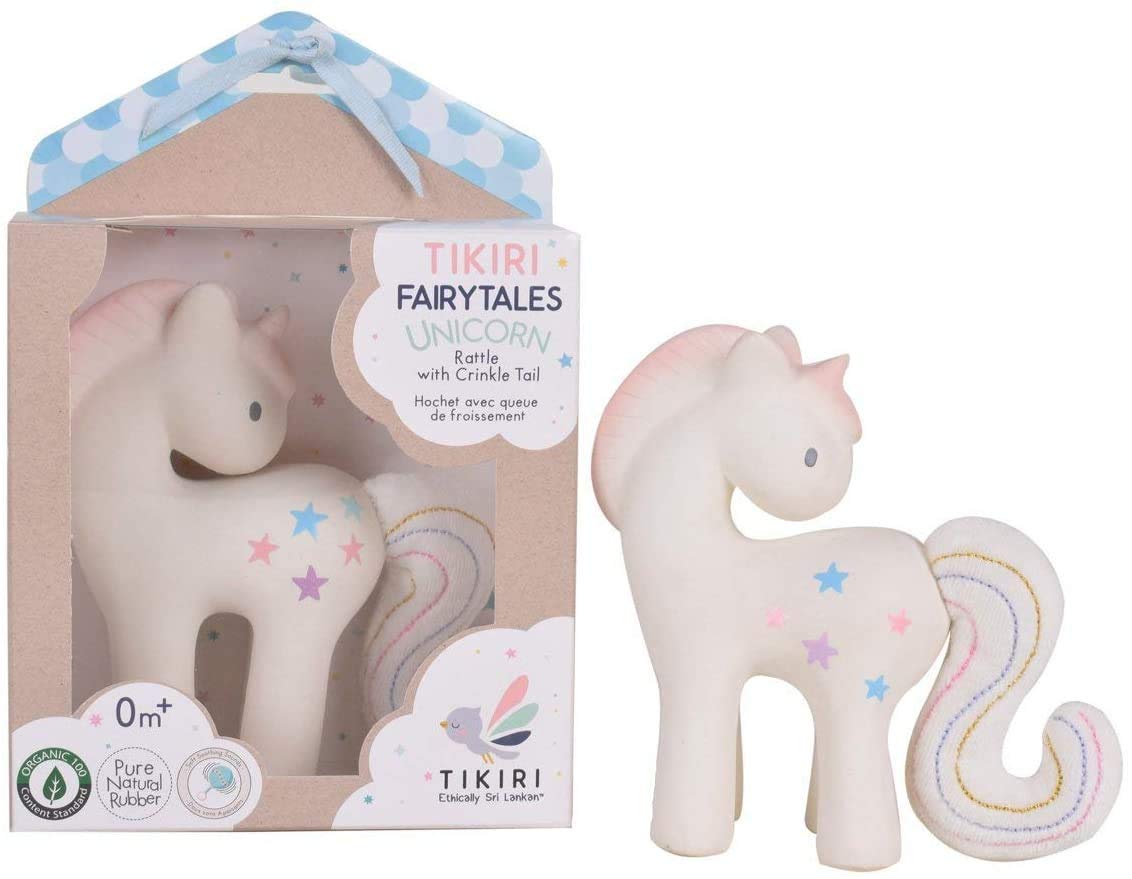 Tikiri Fairytales Cotton Candy Unicorn Natural Rubber Rattle with Crinkle Tail (White)