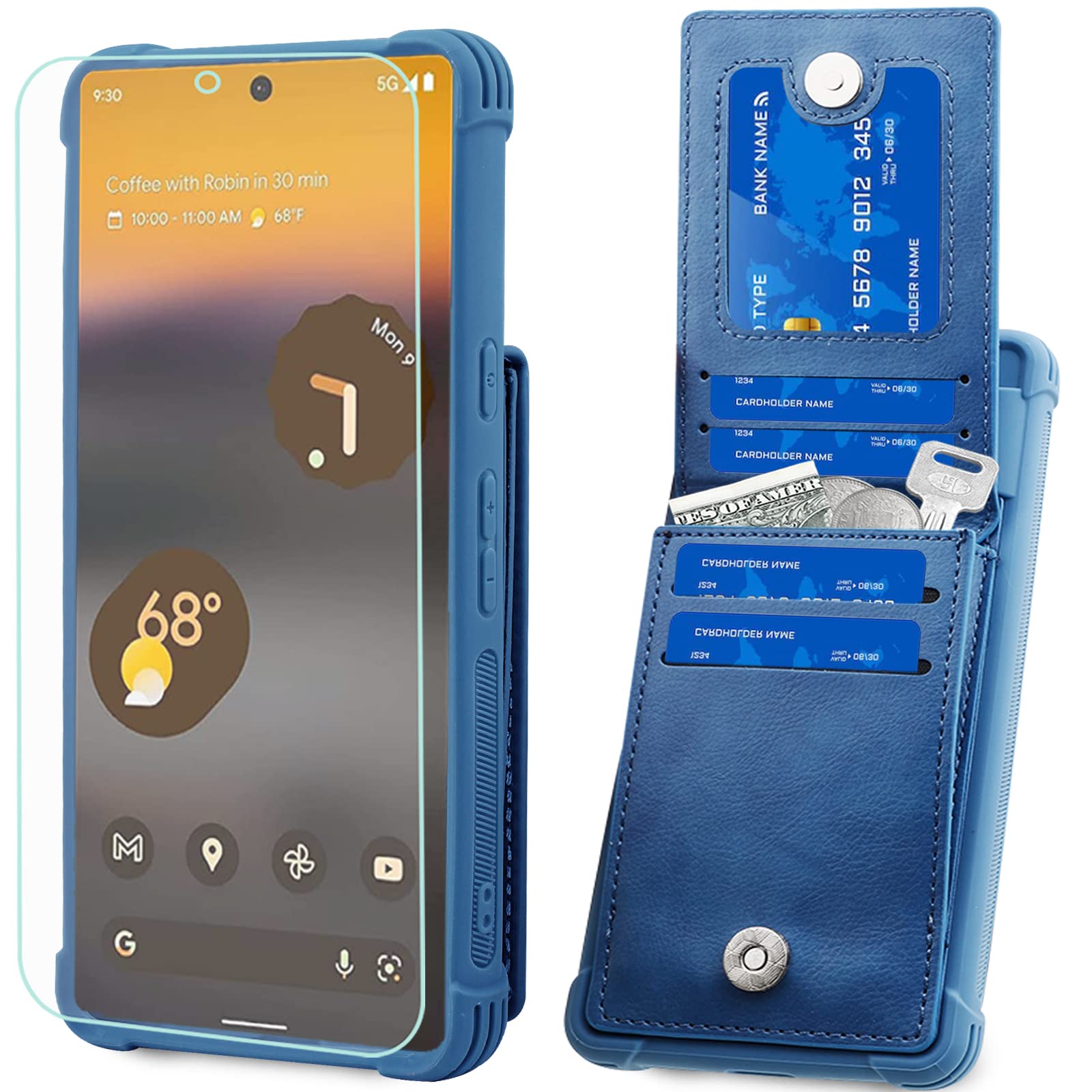 VANAVAGY Google Pixel 7 Wallet Case for Women and Men,Leather Magnetic Clasp Flip Folio Phone Cover with Credit Card Holder and Coin Pocket,Blue