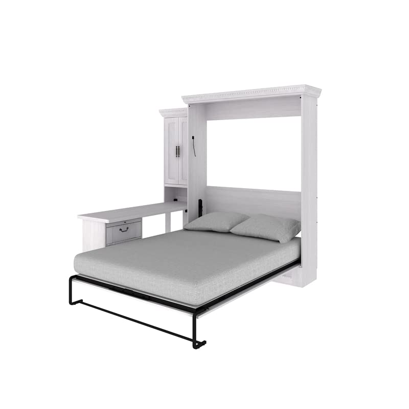 RoomAndLoft Imperial Queen Solid Wood Murphy Wall Bed and Shelf Storage with Side Desktop and Drawers in White