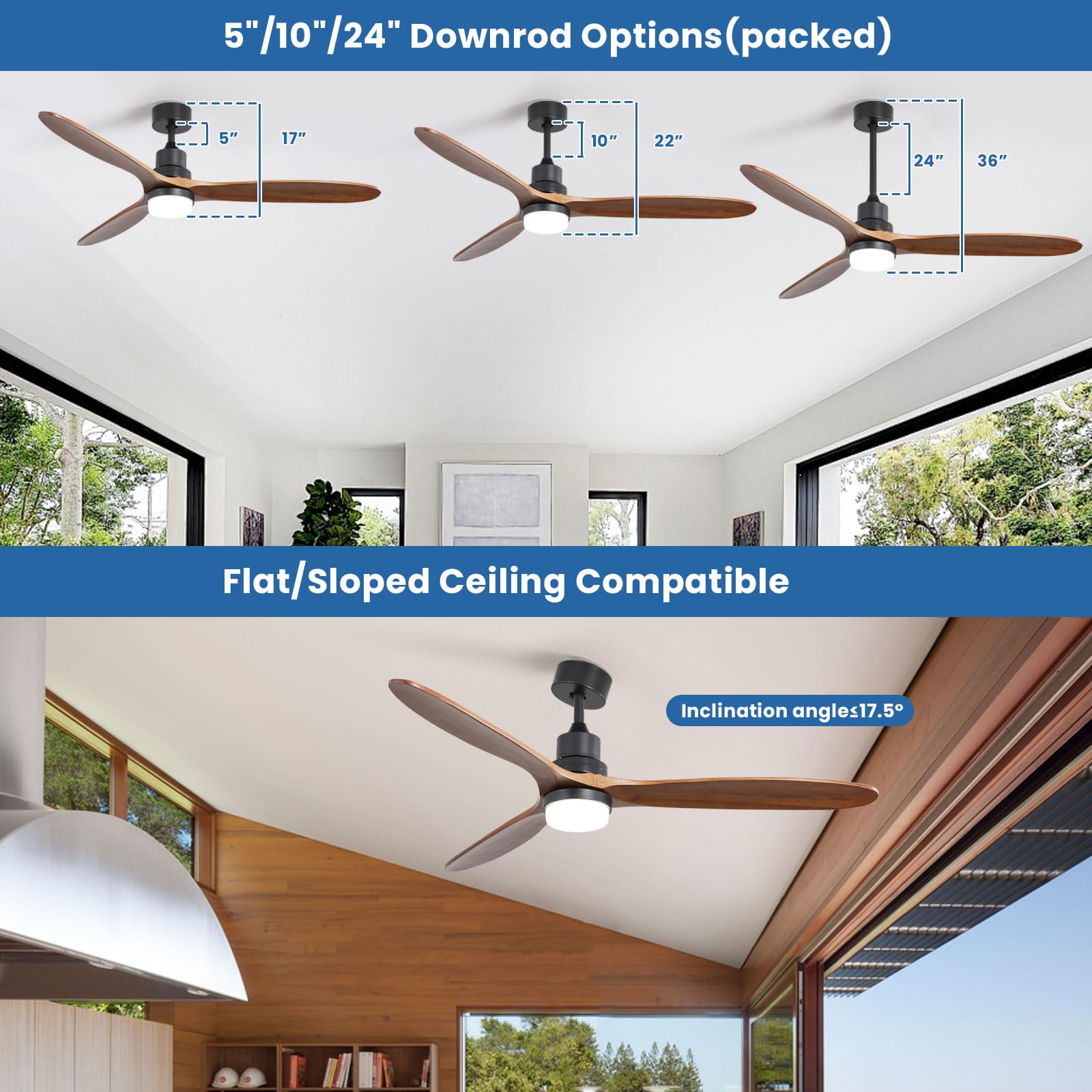Sofucor 60" Wood Ceiling Fan with Light and Remote, Dimmable LED Ceiling Fan, Noiseless DC Motor, 3 Oil Rubbed Bronze Blades, for Indoor or Covered Outdoor, Matte Black