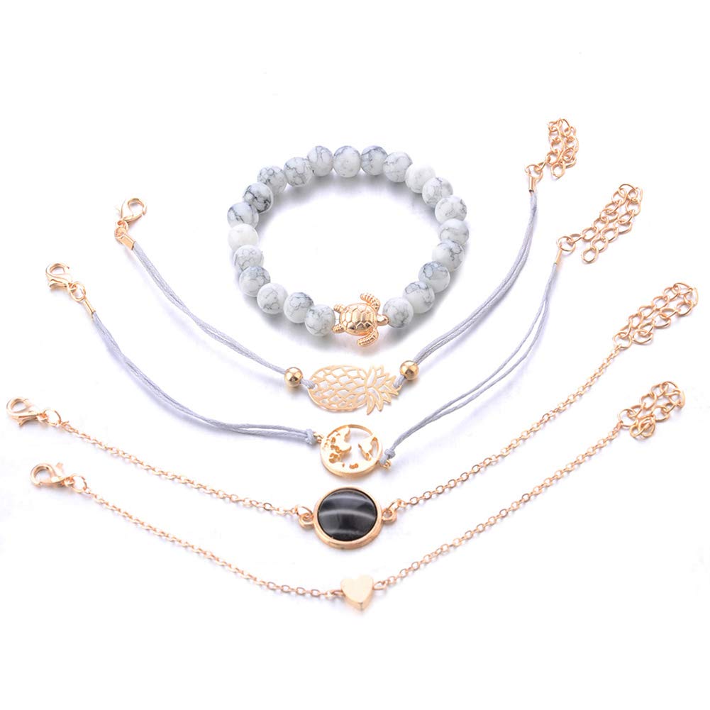 VONRU Beaded Bracelets for Women - Adjustable Charm Pendent Stack Bracelets For Women Friendship Gift Rose Quartz Bracelet Links with Pearl Gold Plated 5pcs/Set