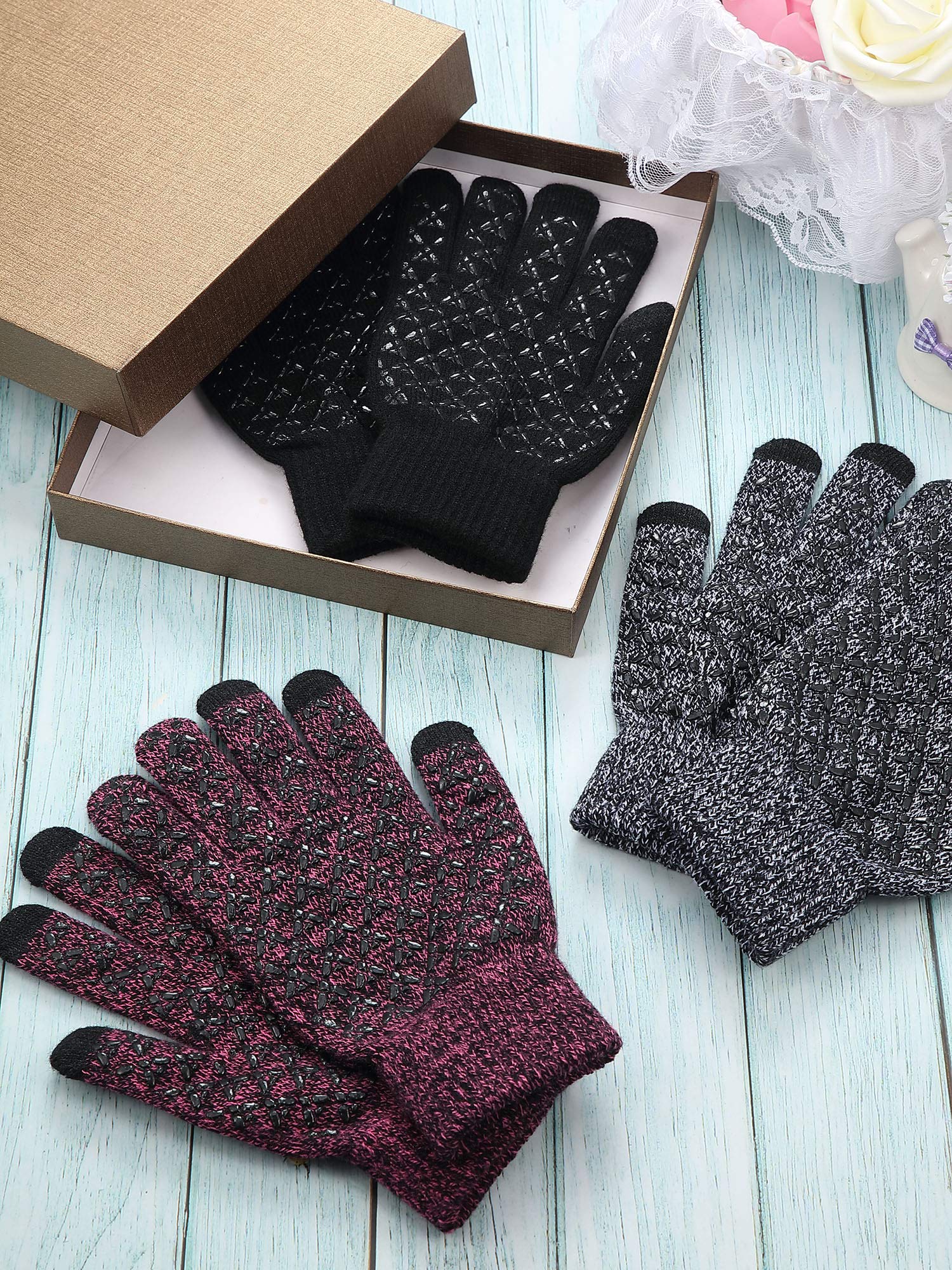 SATINIOR 4 Pairs Winter Knit Touchscreen Gloves Warm Texting Gloves Elastic Anti-slip Gloves for Adults (Black, Black Red, Black White, Navy, M)