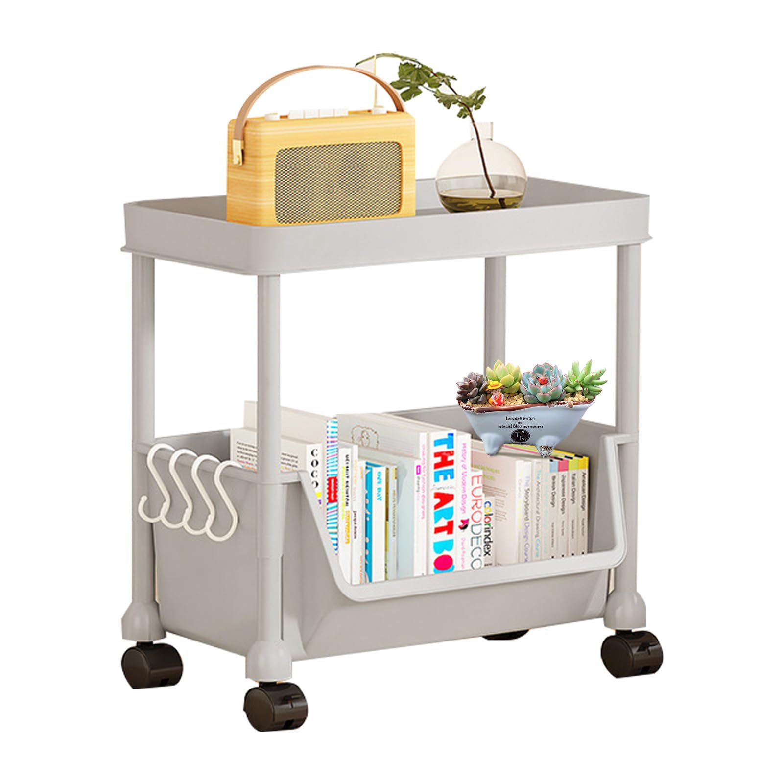 TESAY Rolling Book Cart, 44x35x26.5cm Bookshelf Cart, Adjustable Mobile Bookshelf, Multi-Functional Rolling Bookcase, Portable Book Trolley Book Shelfs Storage Organizer Shelf for Kitchen Supplies
