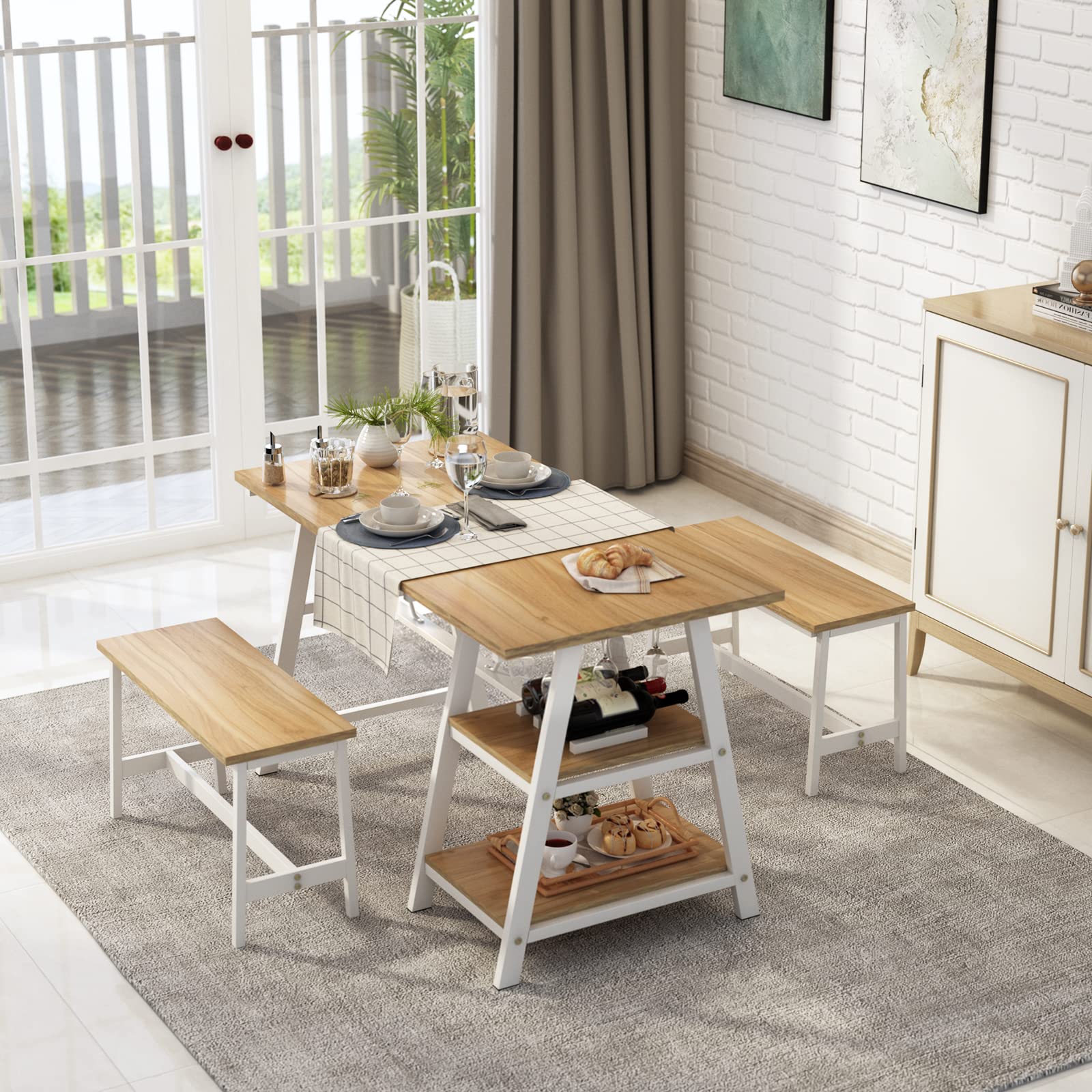 soges 3 Pieces Kitchen Dining Table Set for 4, Breakfast Table Set with 2 Benches, Wooden Dinette with Wine Shelf and Glass Holder, Oak 10CZWKDS03OK120