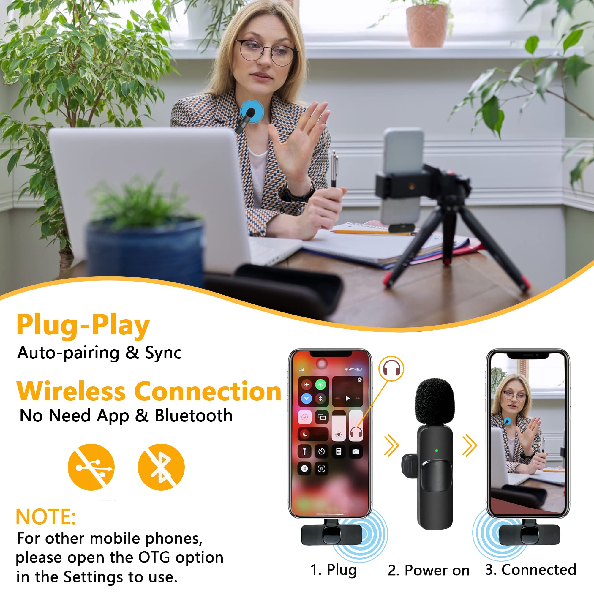 Tofune Wireless Lavalier Lapel Microphone for iPhone iPad Professional Wireless Clip Mic - Cordless Omnidirectional Condenser Recording Mic for Interview Video Podcast Vlog YouTube