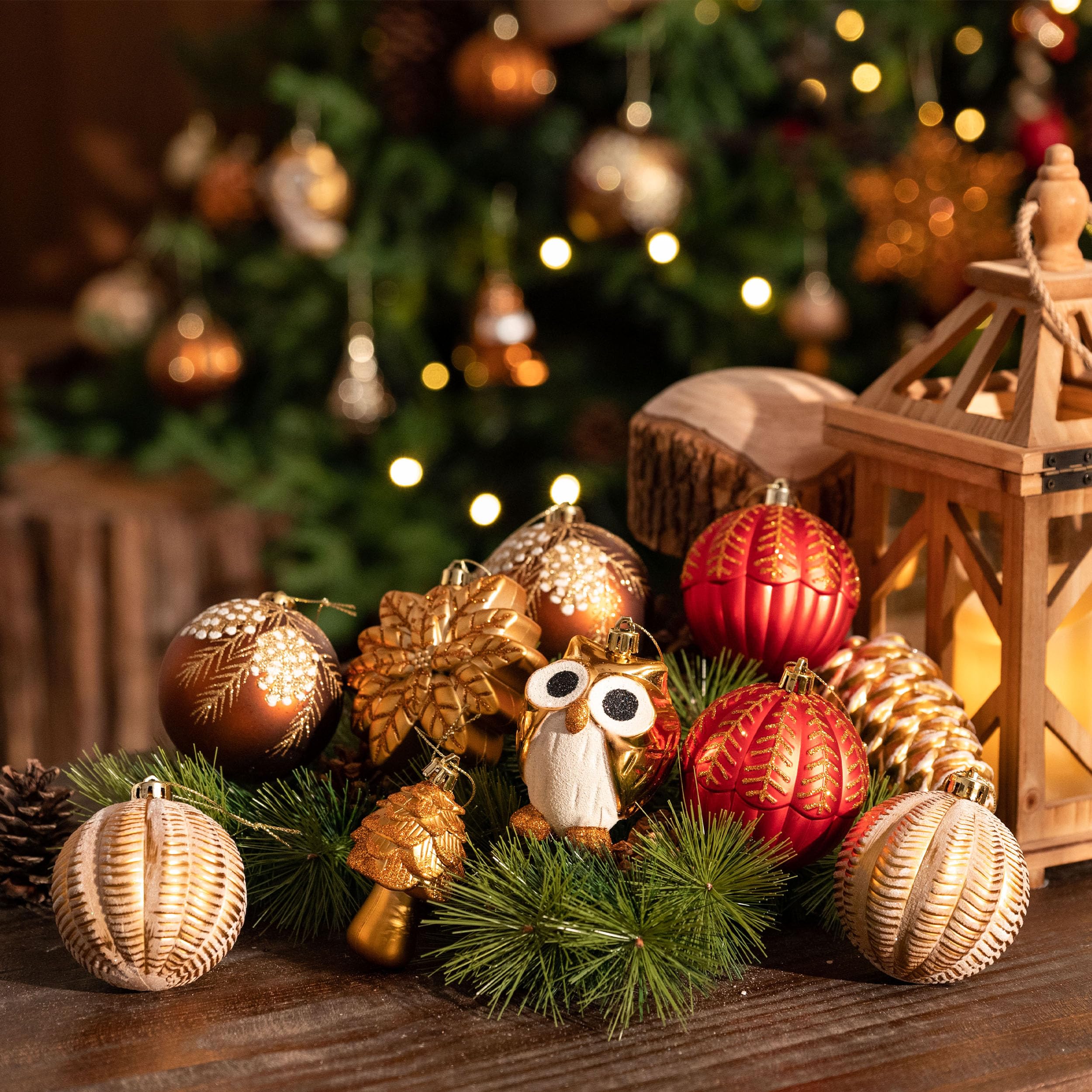 Valery Madelyn Christmas Tree Ornaments Set, 80ct Red and Brown Shatterproof Christmas Tree Decorations Bulk, Woodland Hanging Ball Ornaments for Xmas Trees Holiday Decor