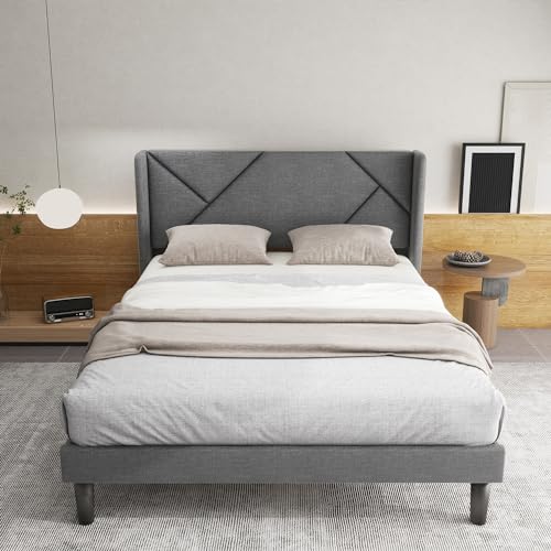 Relyblo King Size Platform Bed Frame with Wingback, Upholstered Bed Frame with Fabric Headboard, Solid Wooden Slats, No Box Spring Needed, Easy Assembly, Dark Gray