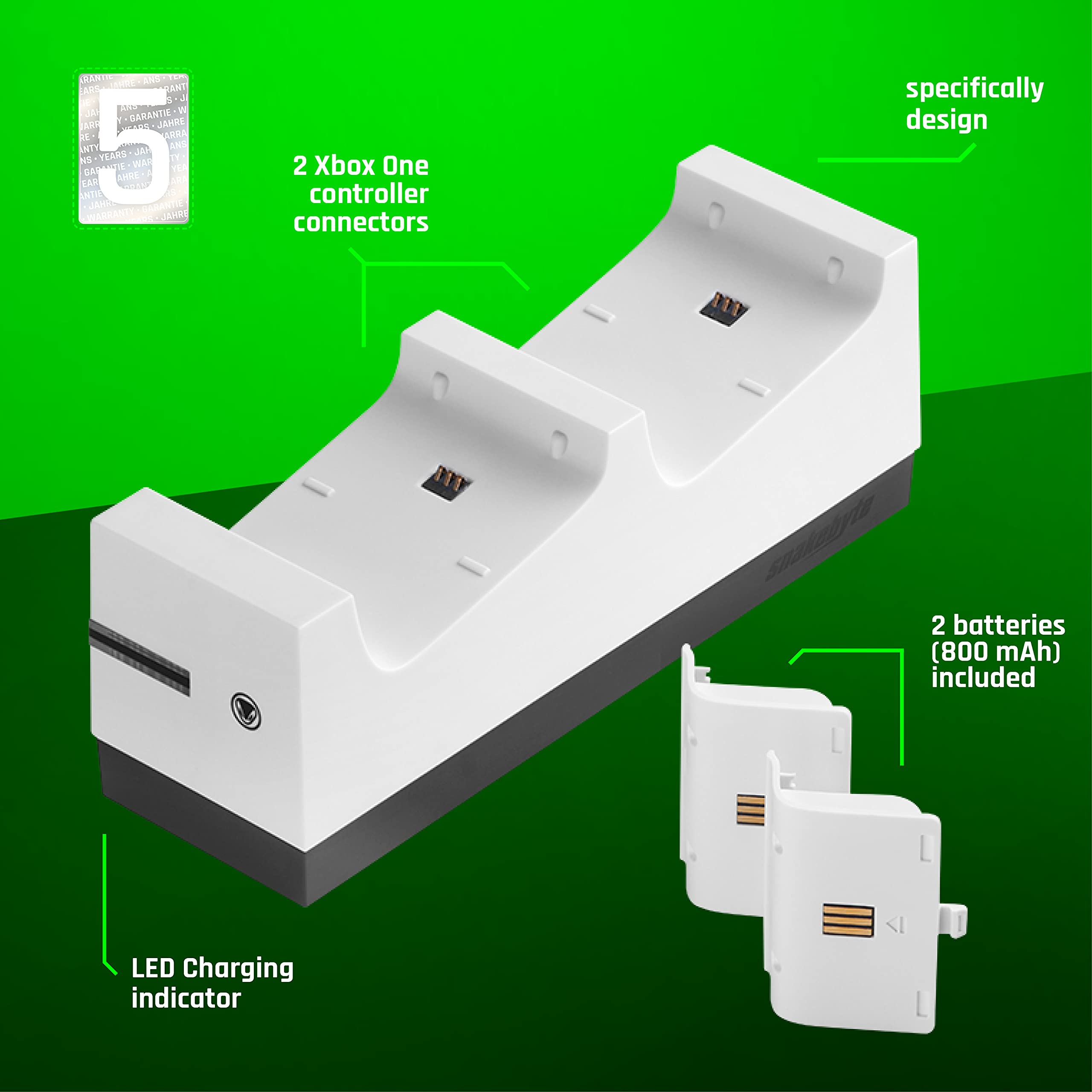 Snakebyte Twin Charge X - Dual Charger and Docking Station for 2 Game Controllers - Includes 2 Rechargeable Battery Packs - for Xbox One/Elite/S Gamepad Controllers (White)