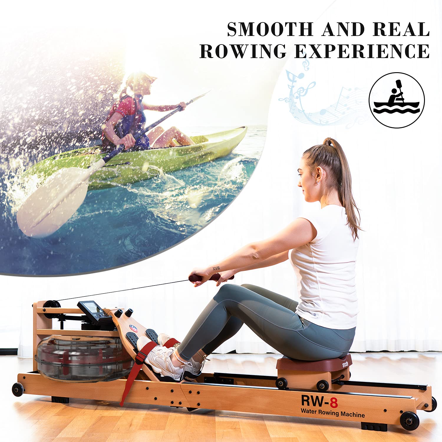 SNODE Wooden Water Rowing Machine with Advanced LCD Monitor, Rower Machine for Home use, Compatible with Kinomap, 330LBS Weight Capacity, Water Bottle Holder