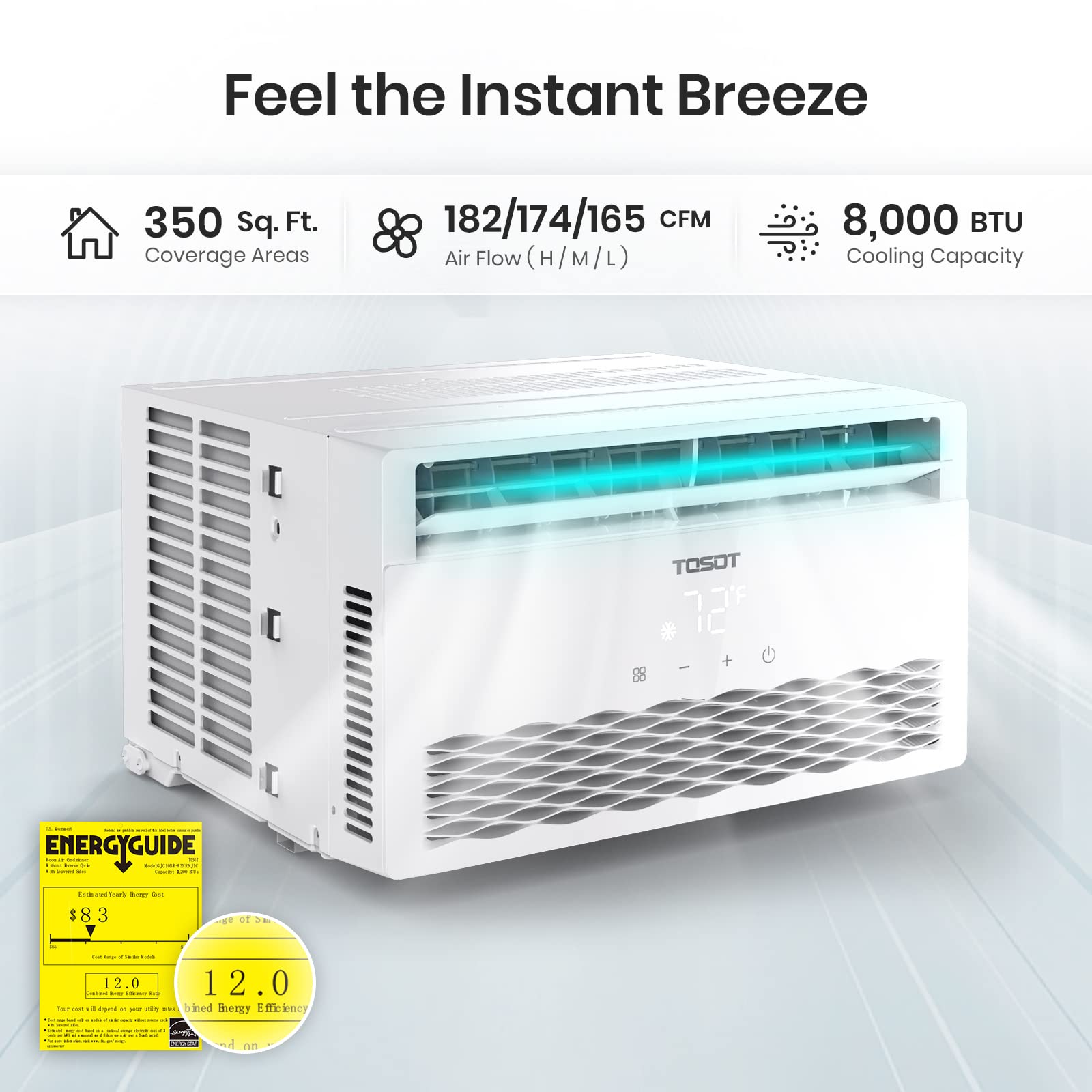 TOSOT 8,000 Air Conditioner Cools up to 350 sq. ft. Quiet, LED, Smart Remote Control, Energy Efficient Window AC, 8000 BTU, White