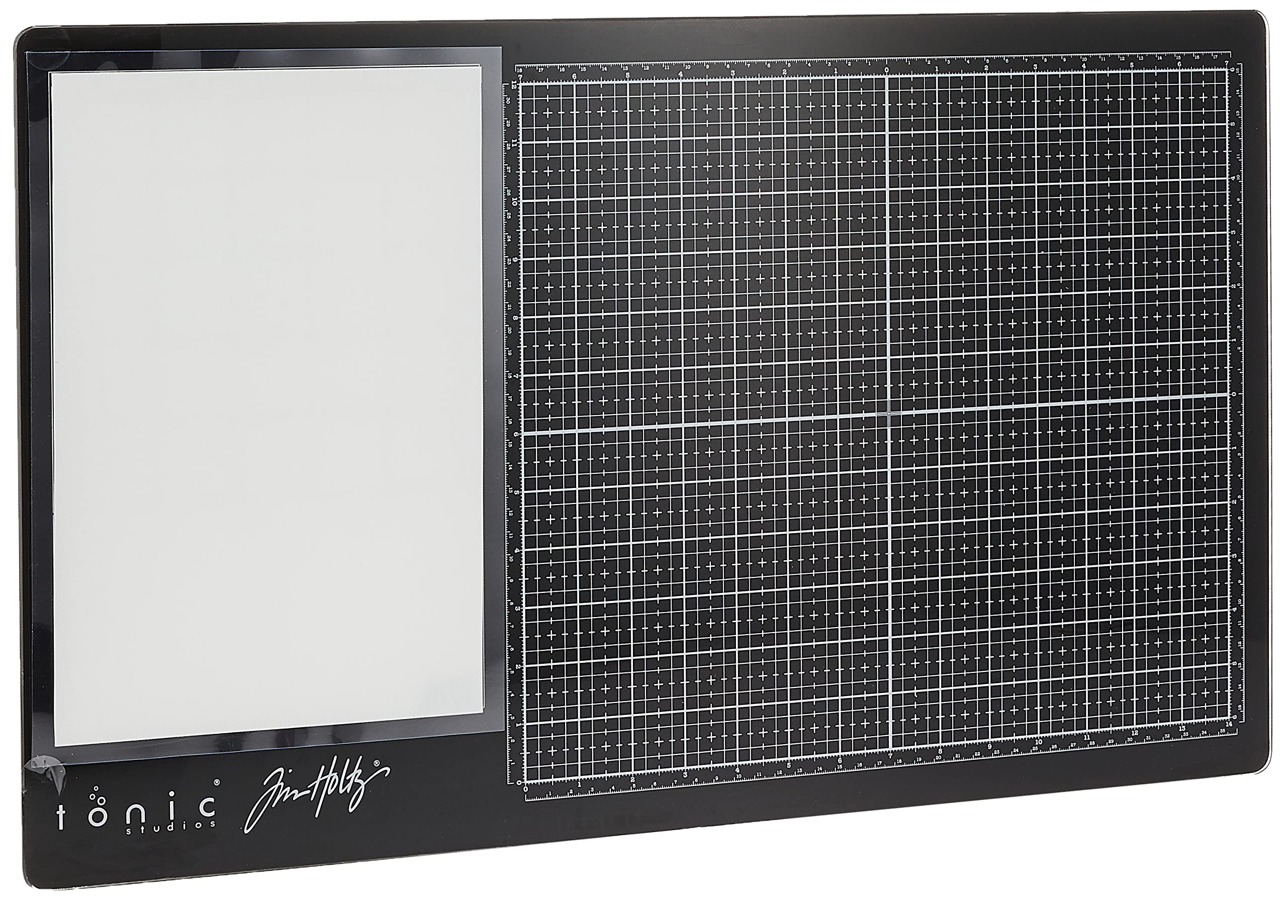 Tim Holtz Glass Cutting Mat - Left Handed Work Surface with 12x14 Measuring Grid and Palette for Paint, Ink, and Mixed Media - Art and Craft Supplies