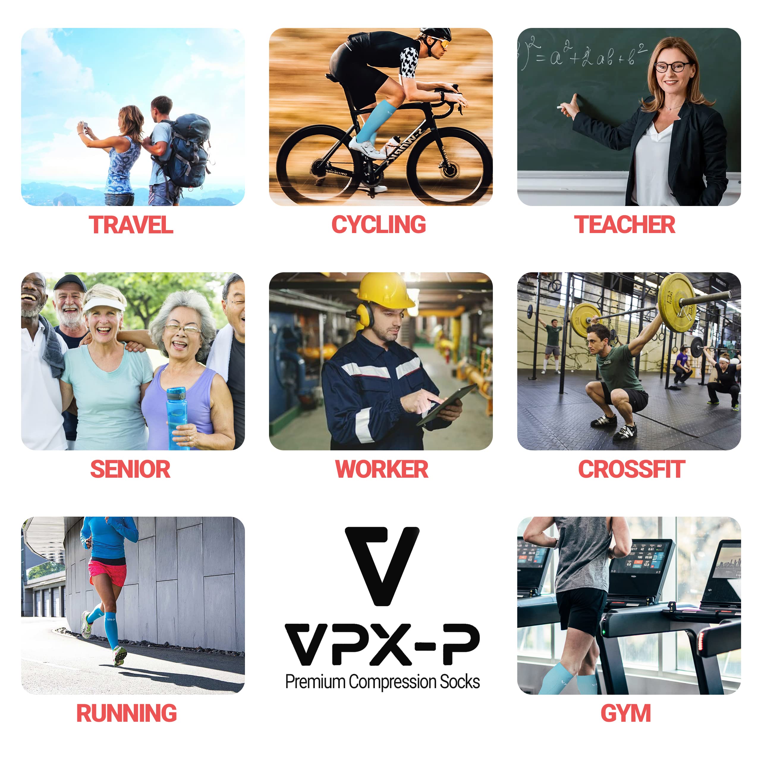 VPX-P Premium Compression Socks for Women and Men 20-30 mmHg β High Knee Compression Socks -For Flights, Running, Athletic, Nursing, Travel- Medias de Compression (Carolina Blue, Large-4)